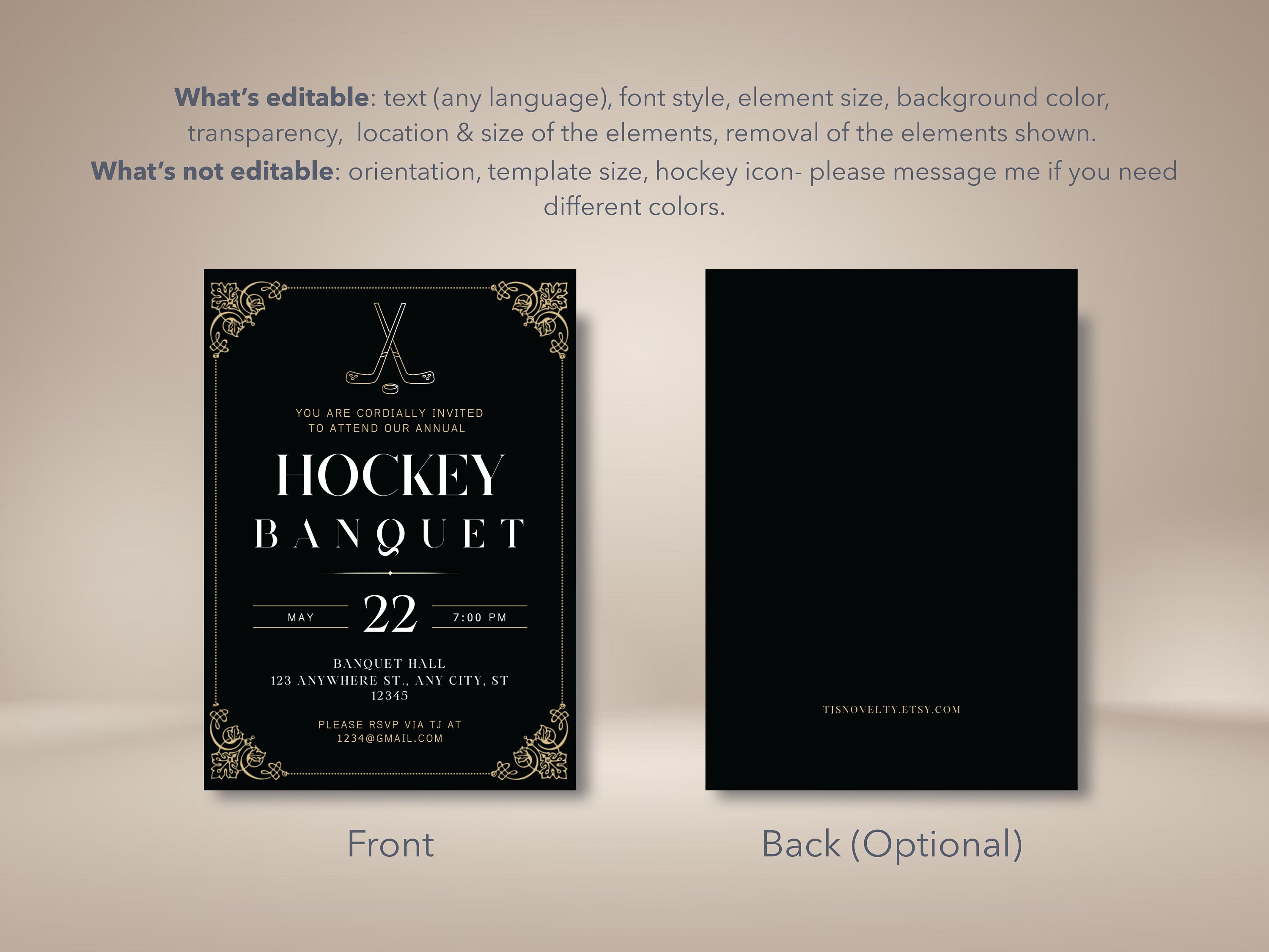 Elegant Event Editable Invitation 5x7 Hockey Banquet Formal Sport Event ...