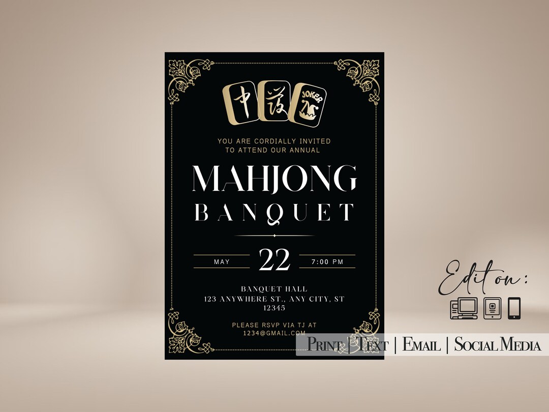 Elegant Mahjong Party Editable Invitation| Mahjong Party| Tournament ...