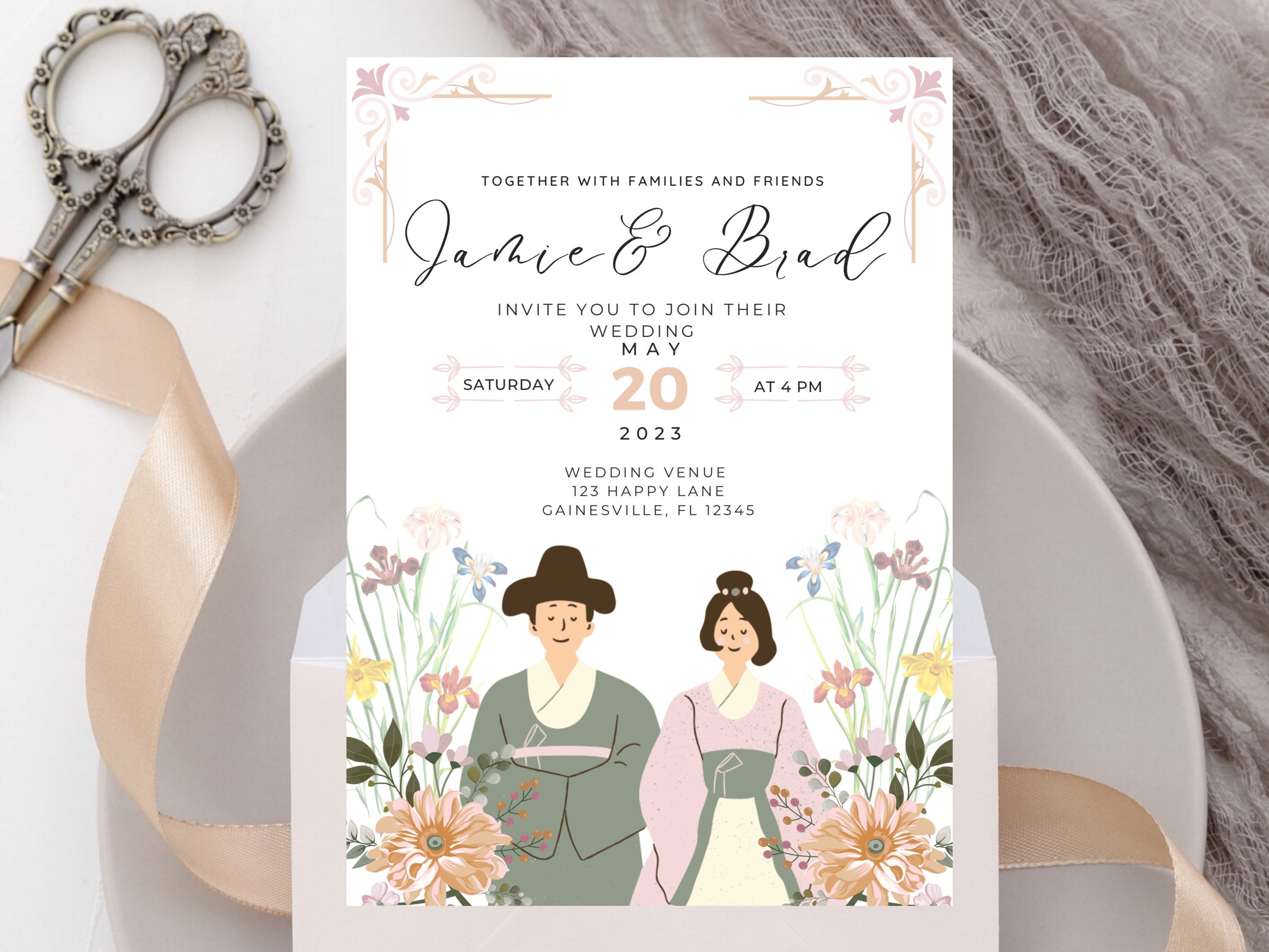 Korean Traditional Costume Wedding Invitation Editable Template Korean ...