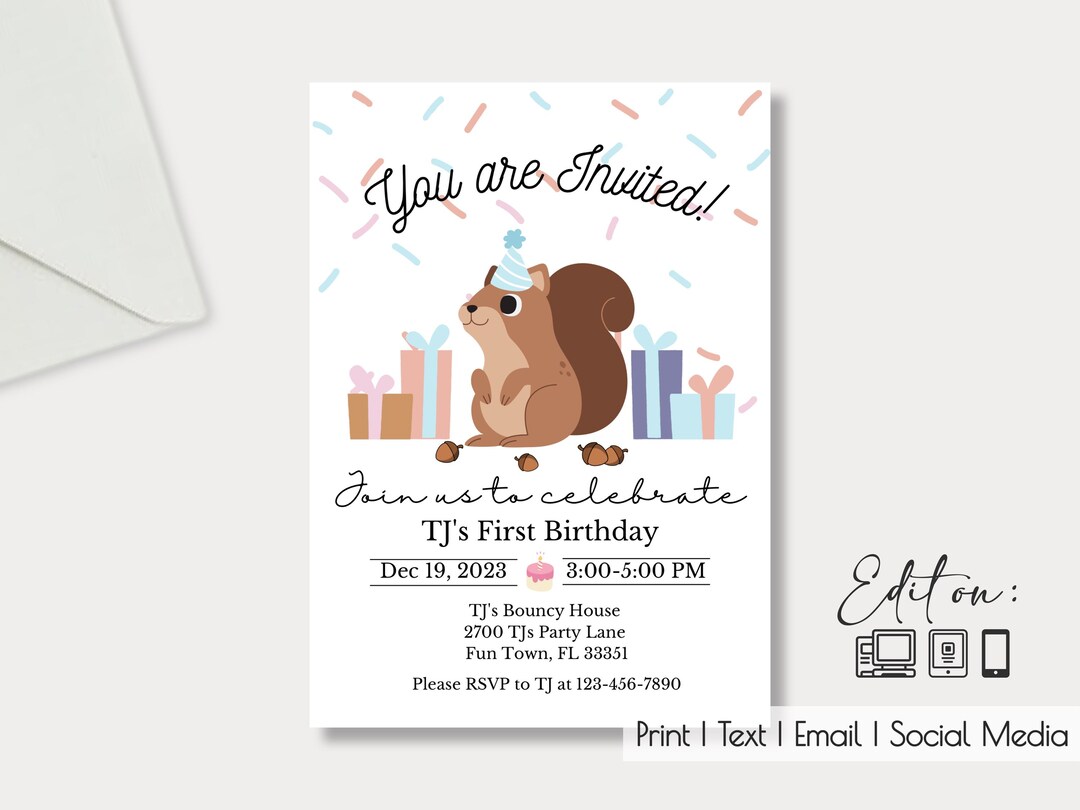 Confetti Squirrel Editable Invitation| 5x7| Easy Edit Online| Birthday ...