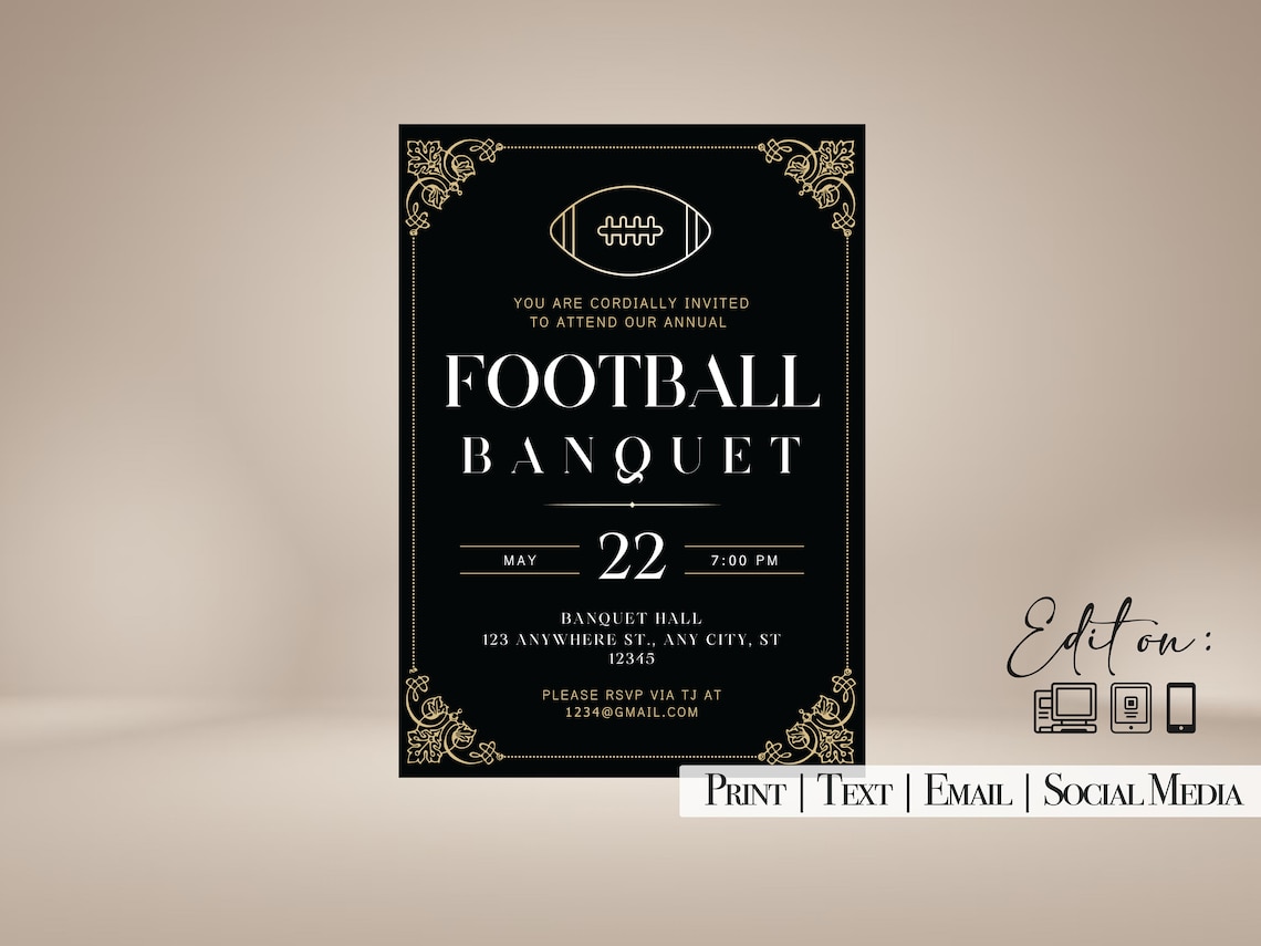 Elegant Event Editable Invitation 5x7 Football Banquet Formal Sport ...
