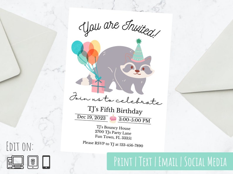 Invitación de fiesta de mapache lindo/ 5x7/ Un año/ Niña/ Niño ...