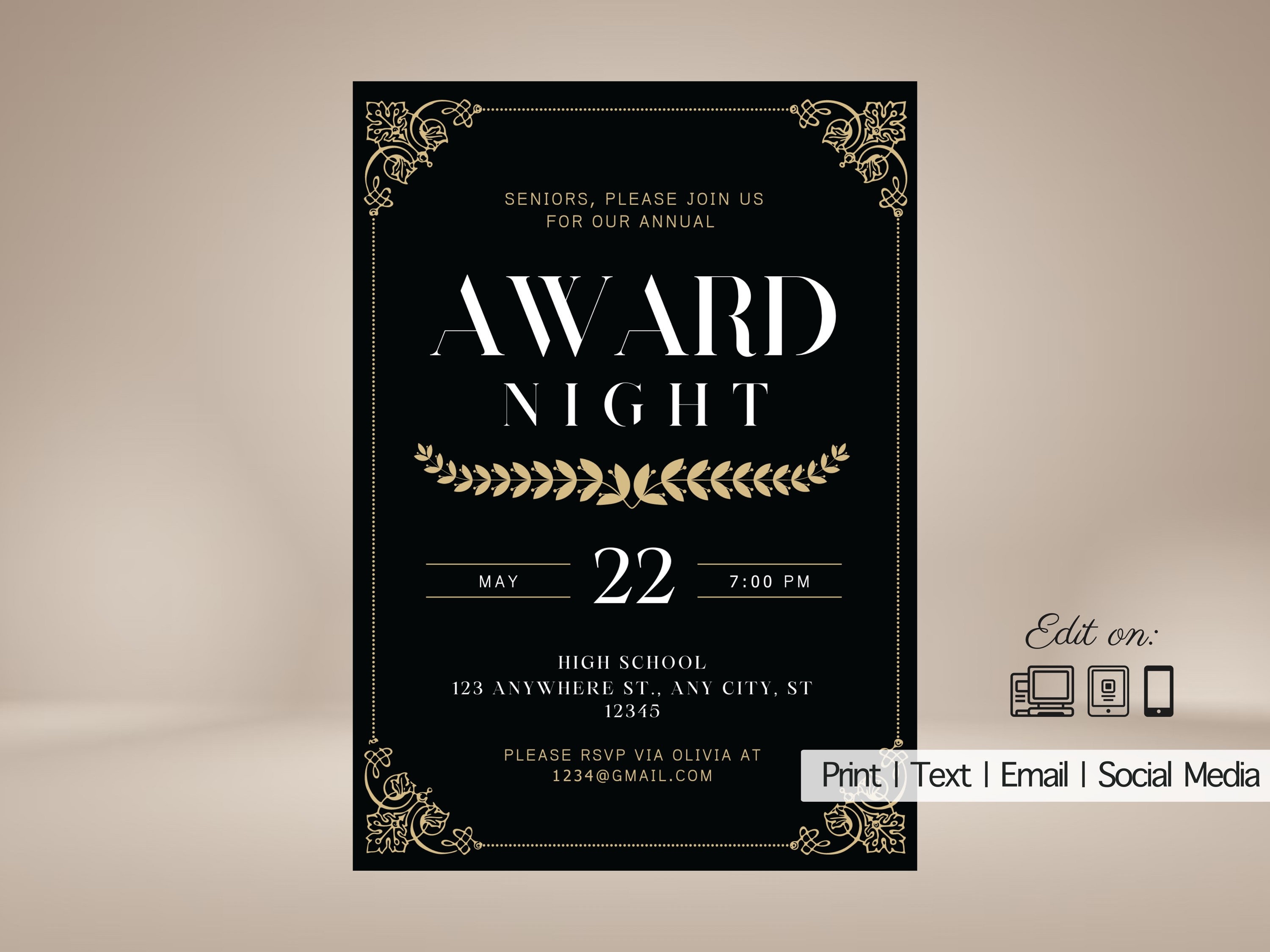 Elegant Event Editable Invitation 5x7 Senior Award Night Graduation ...