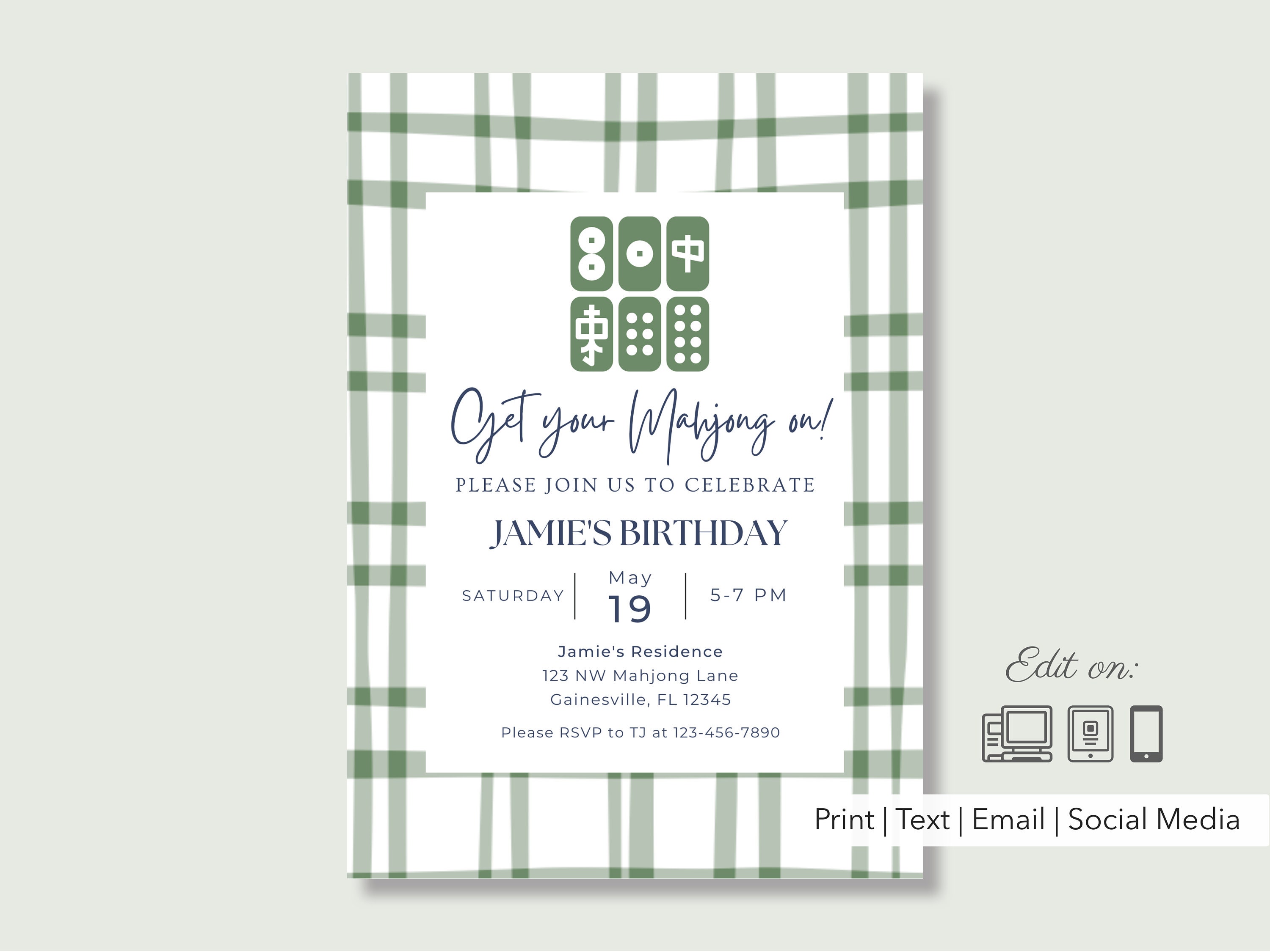 Plaid Mahjong Party Editable Invitation Mahjong Party Tournament ...