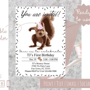 Squirrel Editable Invitation| 5x7| Easy Edit on Word Doc| 2 per Page ...