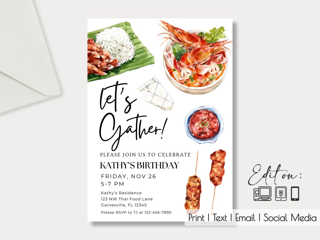 Thai Food Invite| Editable Template| Thai American Invite| Birthday ...