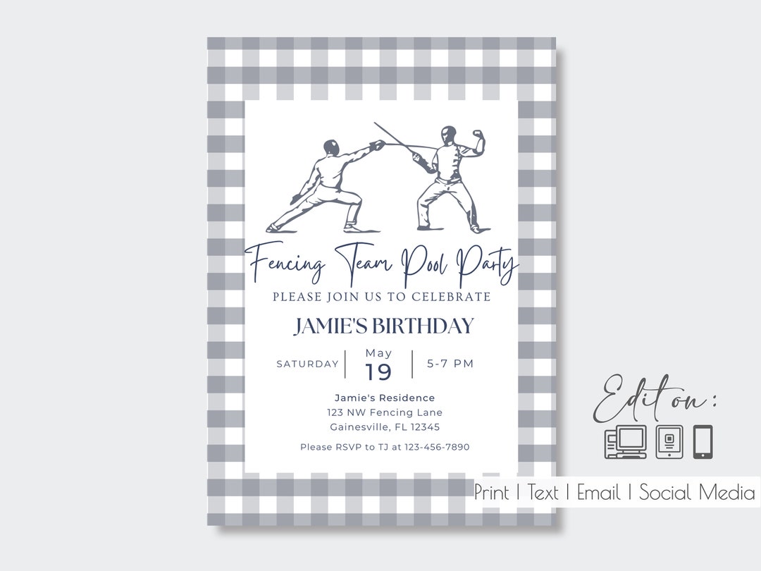 Plaid Fencing Party Editable Invitation Fencing Party Tournament ...