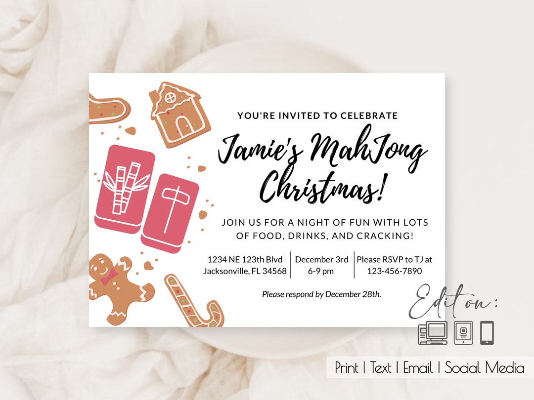 Holiday Mahjong Cookies Editable Invite| Mahjong Party| Tournament ...