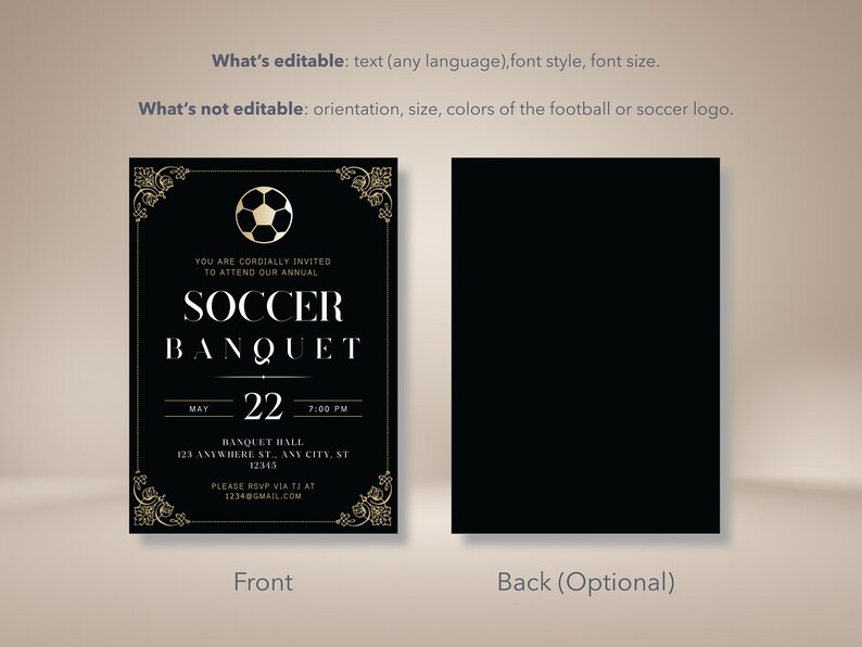 Elegant Event Editable Invitation 5x7| Football or Soccer Banquet ...