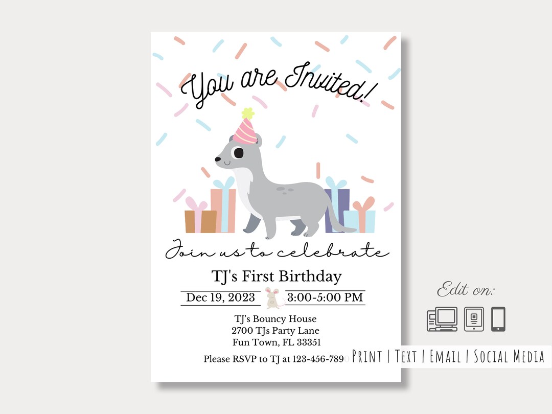 Festive Weasel Editable Invite| Girl| Boy| 1st Birthday Invitation ...