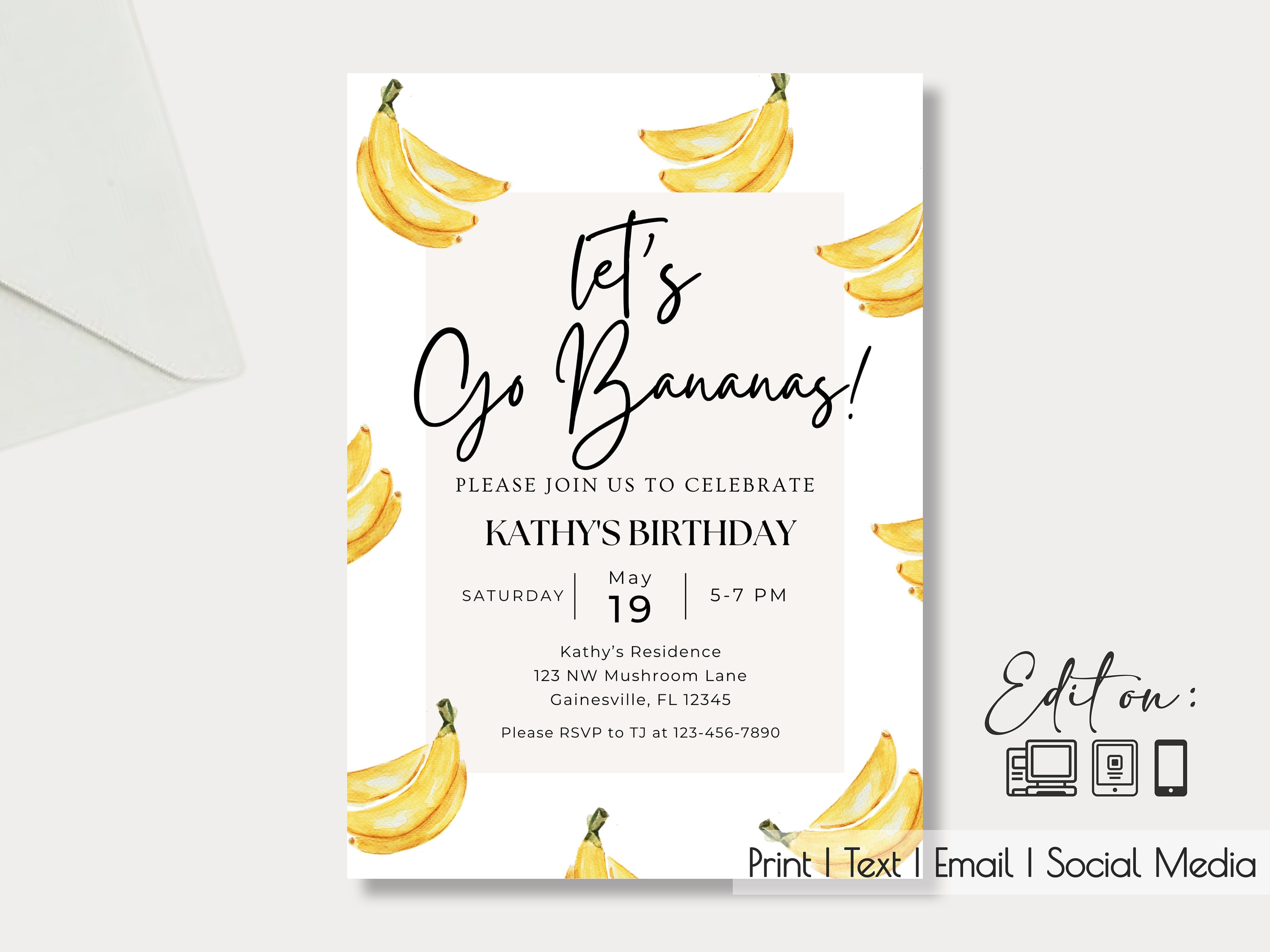 Bananas Editable Party Invitation Template| 5x7| Easy Edit Online ...