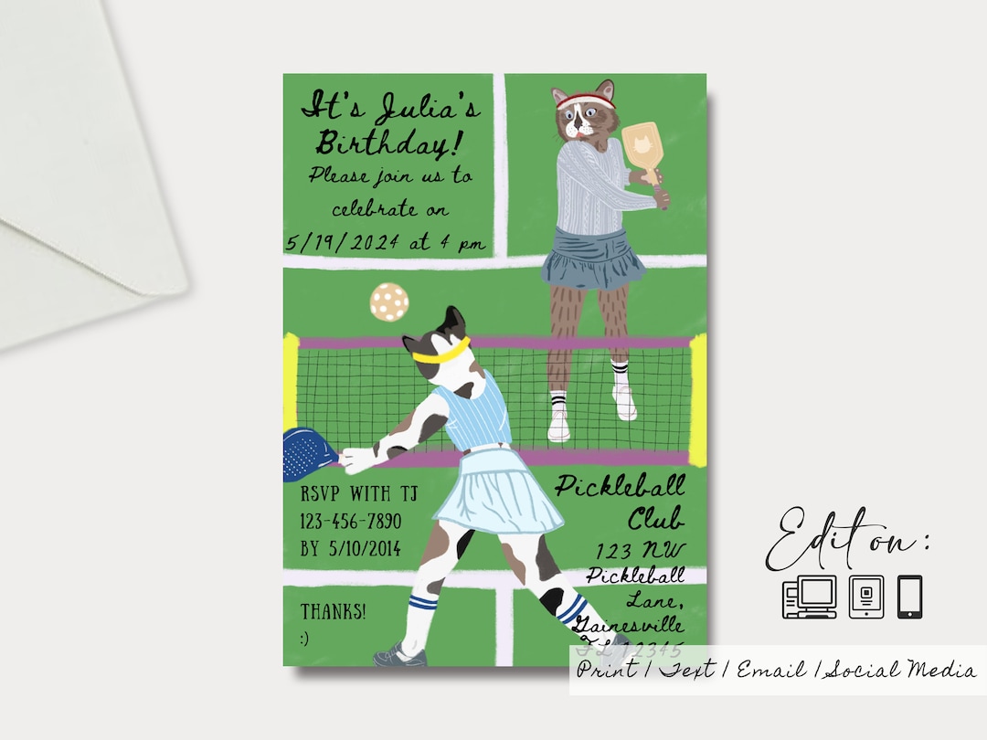 Whimsical Cat Pickleball Party Editable Invite| Flyer| Pickleball Match ...
