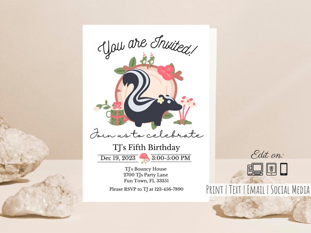 Woodland Skunk Party Invitation| 5x7| One Year| Girl| Boy| Birthday ...
