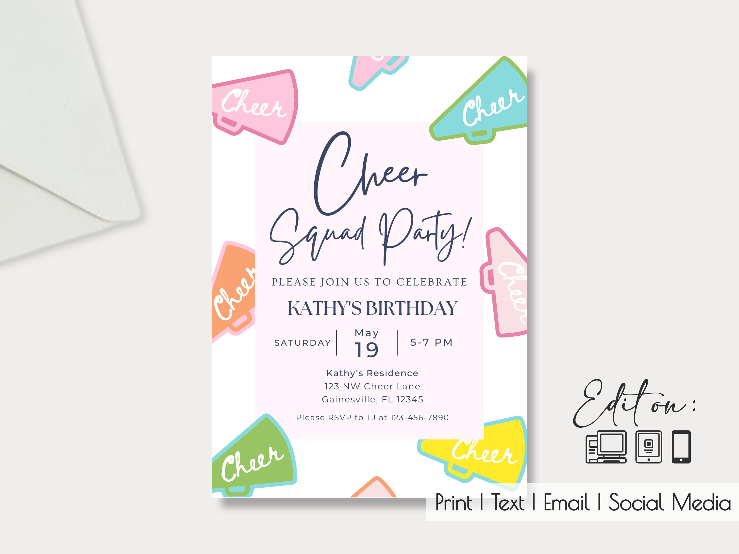 Colorful Cheerleading Editable Invite Cheer Team Party Cheer Summer ...