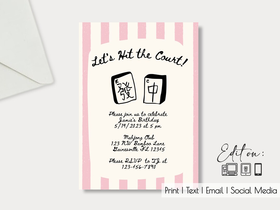 Hand Drawn Mahjong Party Editable Invite| Mahjong Party| Tournament ...