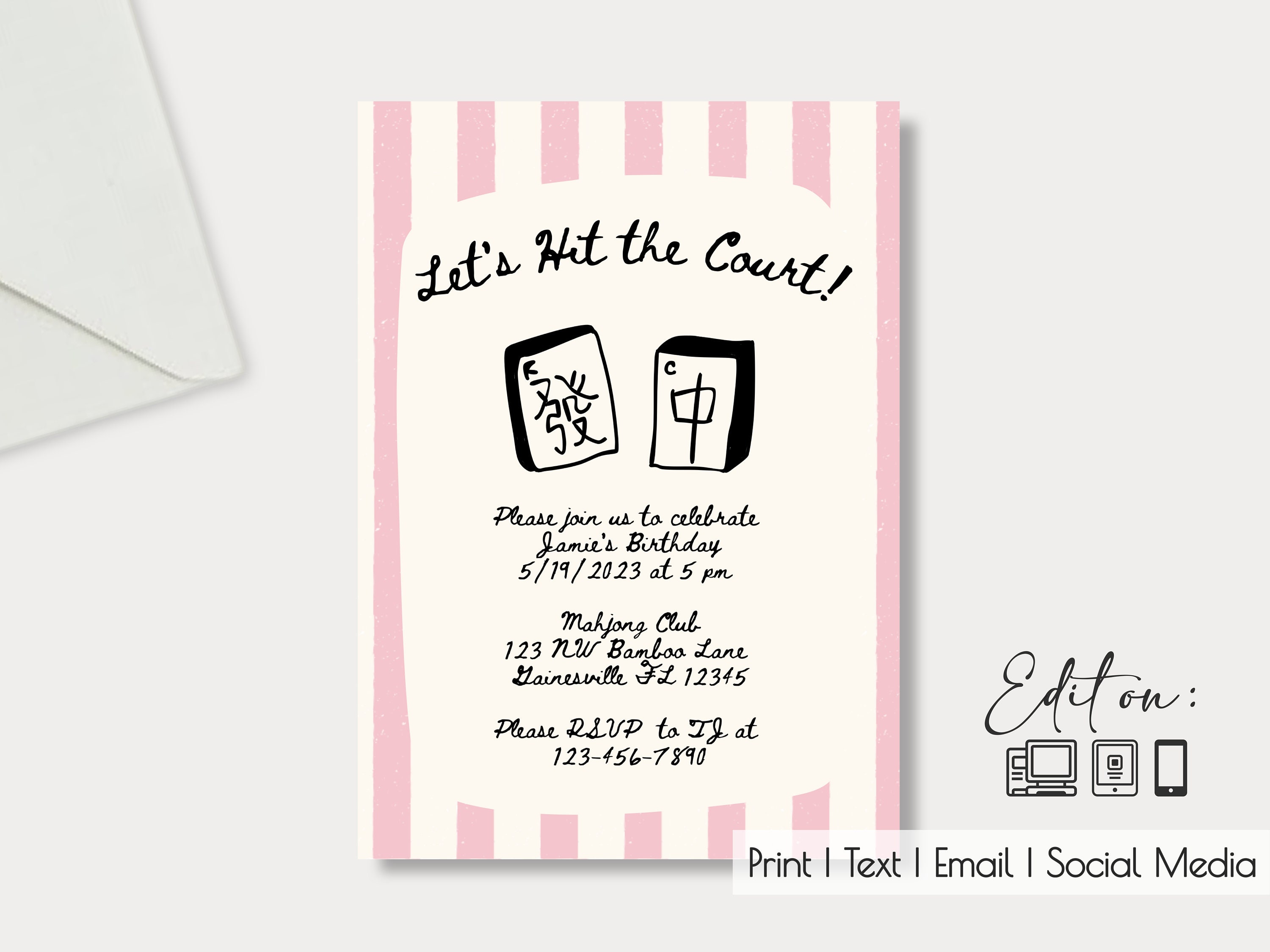 Hand Drawn Mahjong Party Editable Invite| Mahjong Party| Tournament ...