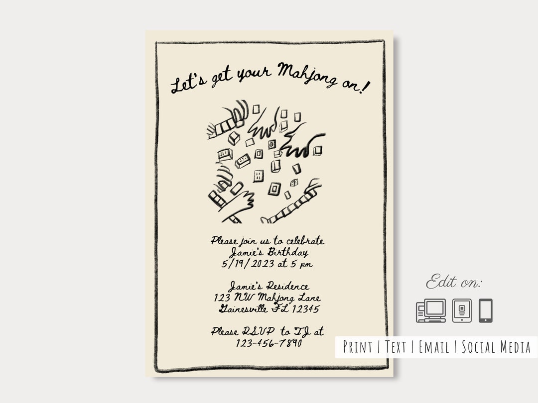 Uniquely Hand Drawn Mahjong Party Editable Invite| Mahjong Party ...