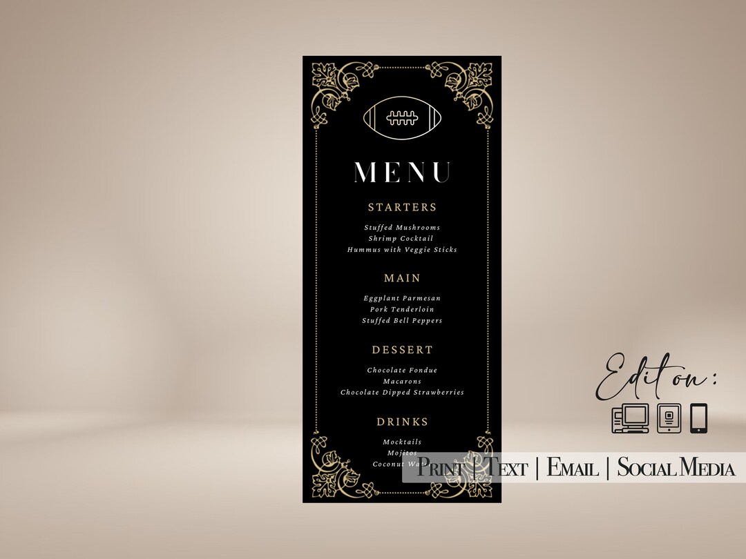 Formal Football Theme Editable Drink Menu Template| 4x9| Award Night ...