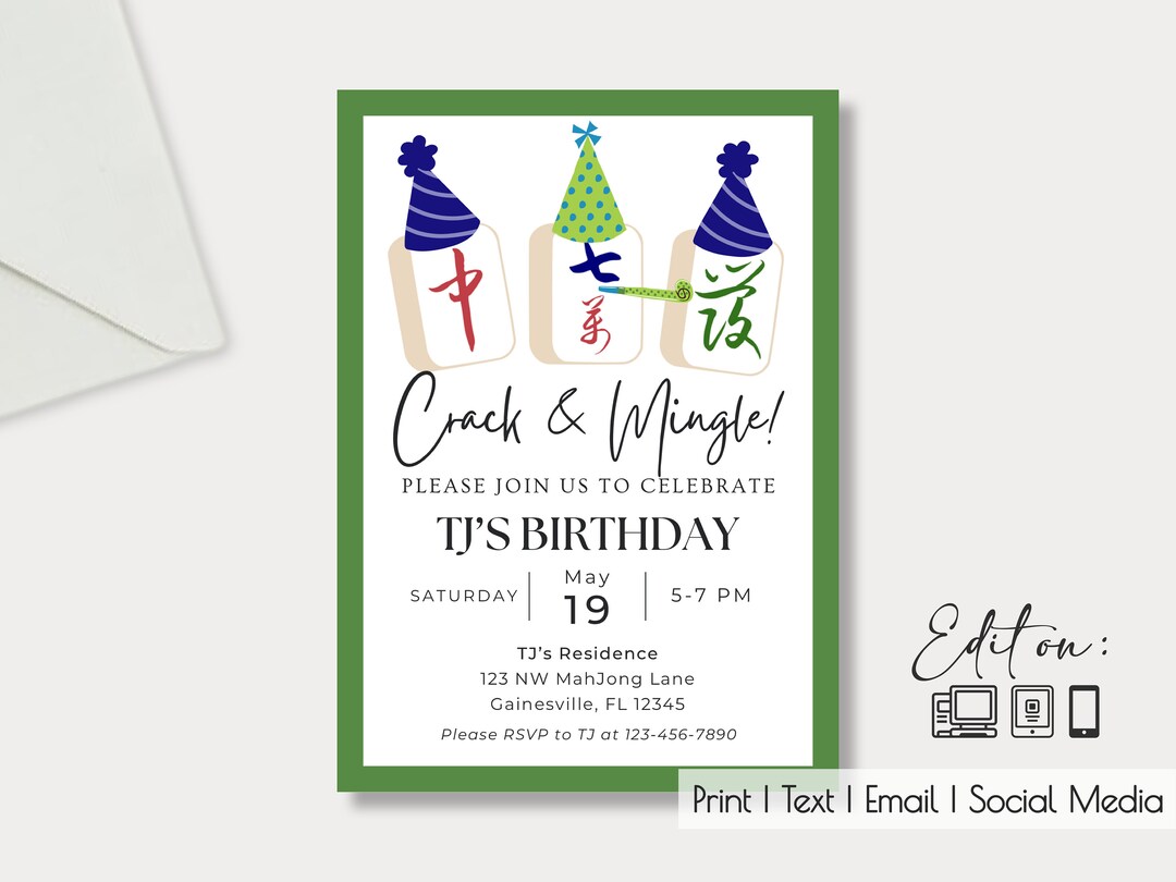 Festive Mahjong Party Editable Invitation| Mahjong Party| Tournament ...