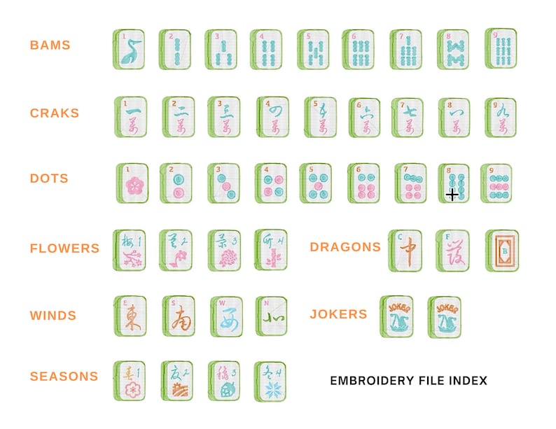 Full Mahjong Tile Embroidery Files| PES & DST| Individually Saved| Hats ...