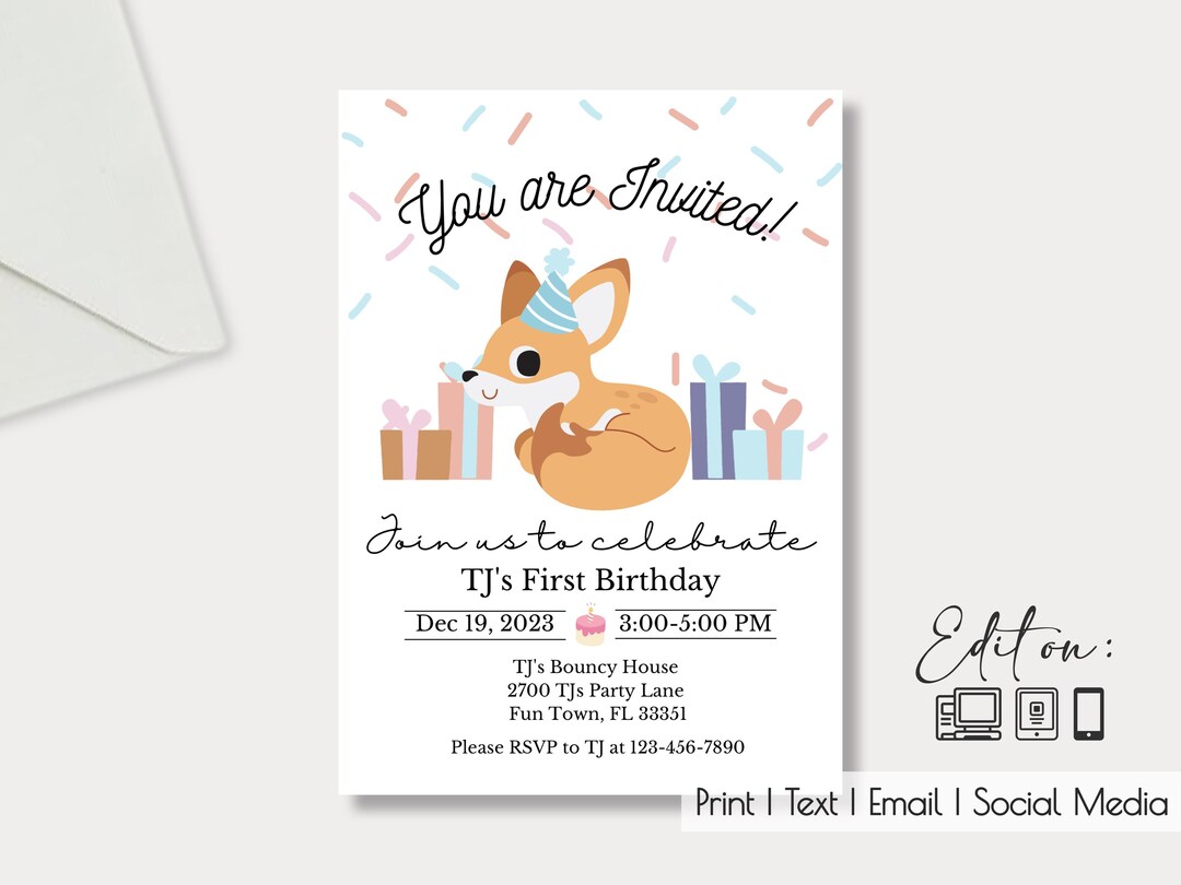 Confetti Fox Editable Invite| Girl| Boy| 1st Birthday Invitation ...