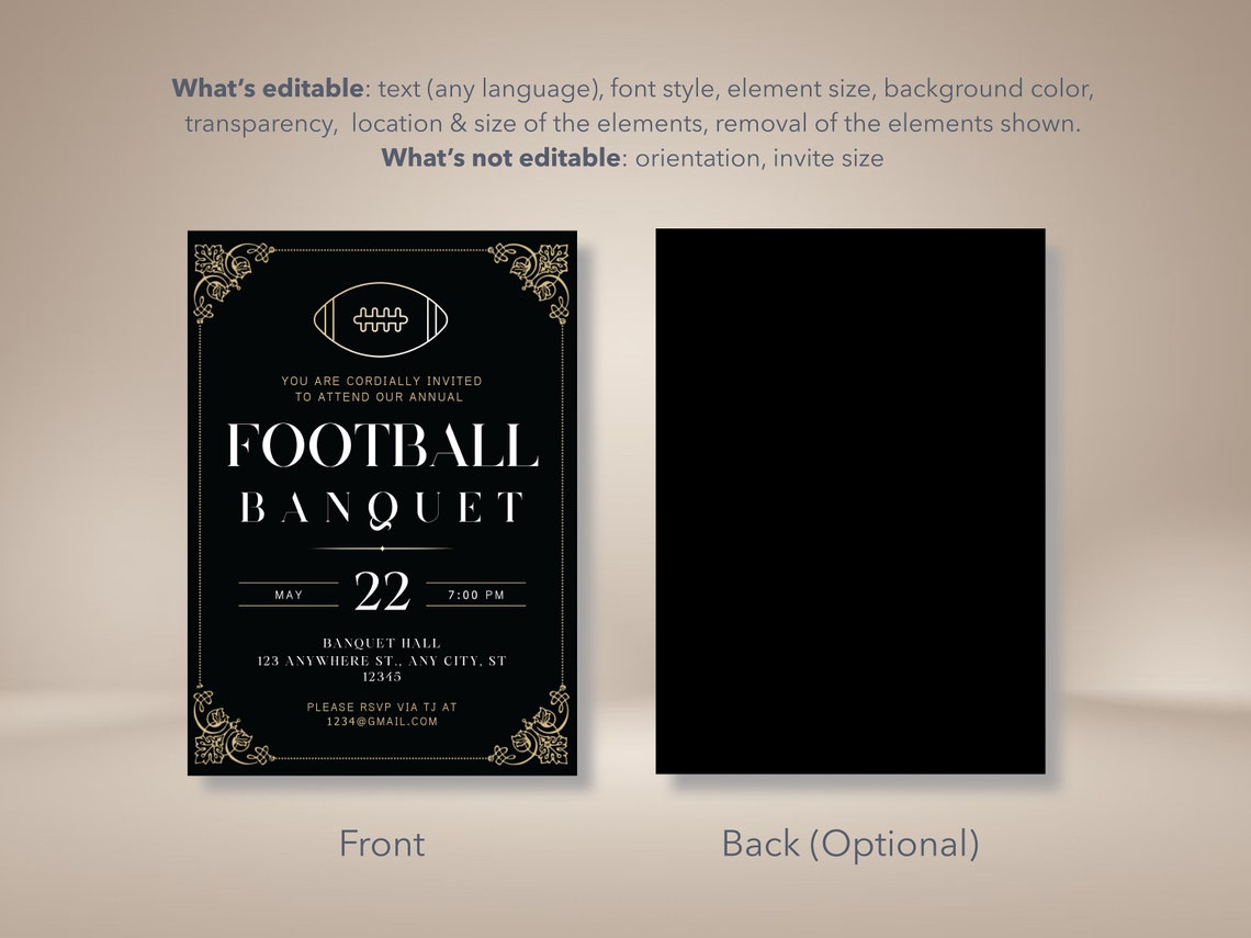 Elegant Event Editable Invitation 5x7 Football Banquet Formal Sport ...