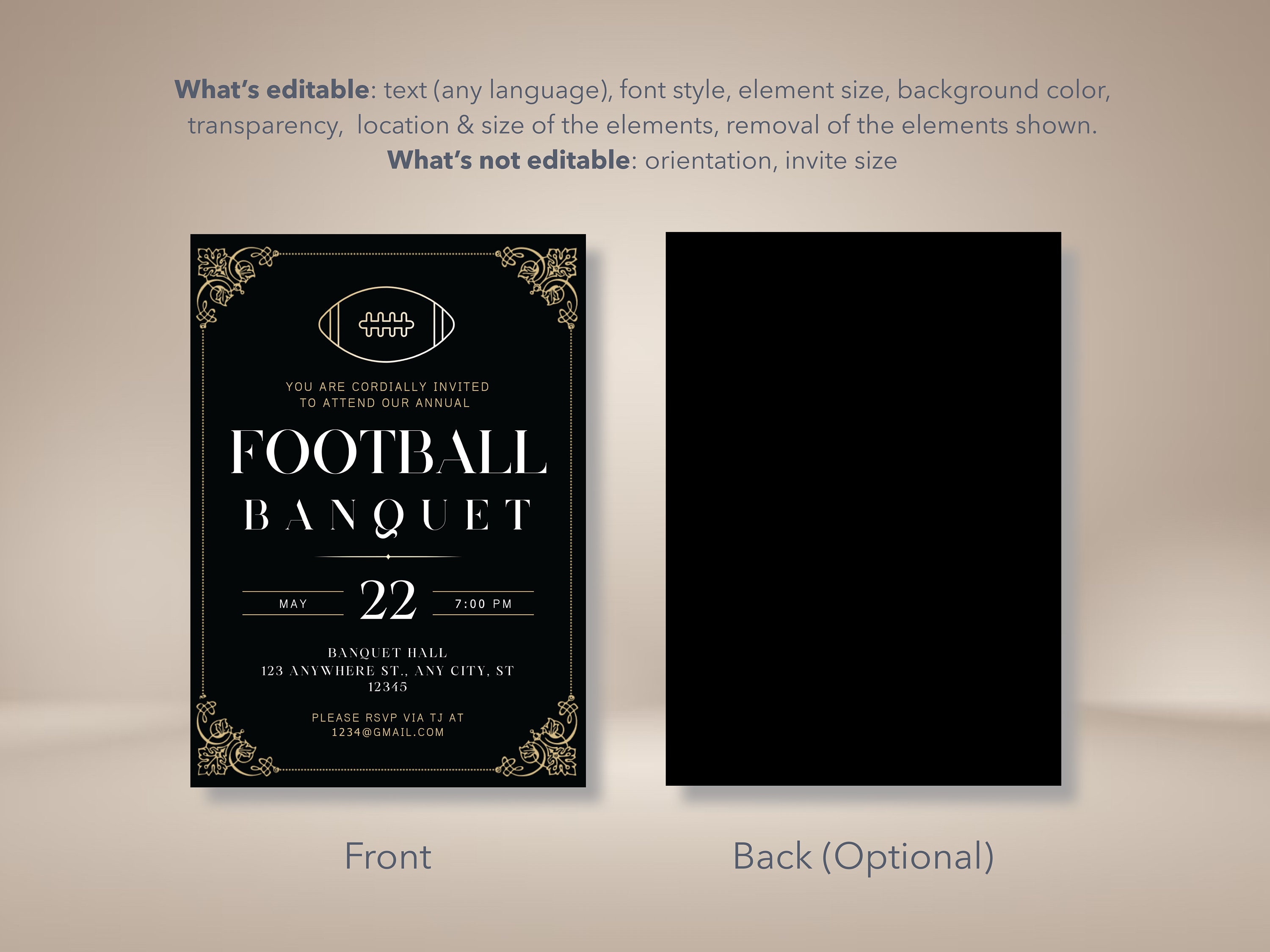 Elegant Event Editable Invitation 5x7 Football Banquet Formal Sport ...