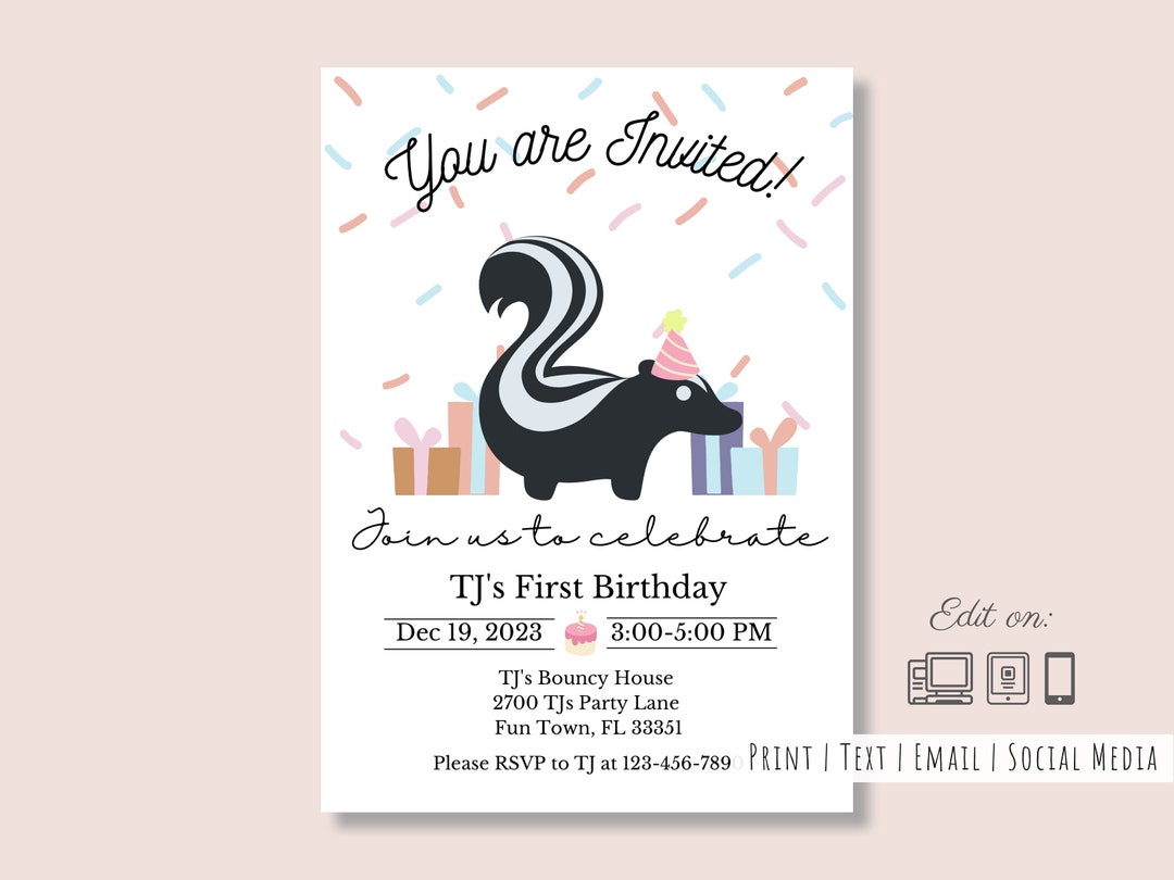 Festive Skunk Party Invitation| 5x7| One Year| Girl| Boy| Birthday| Any ...