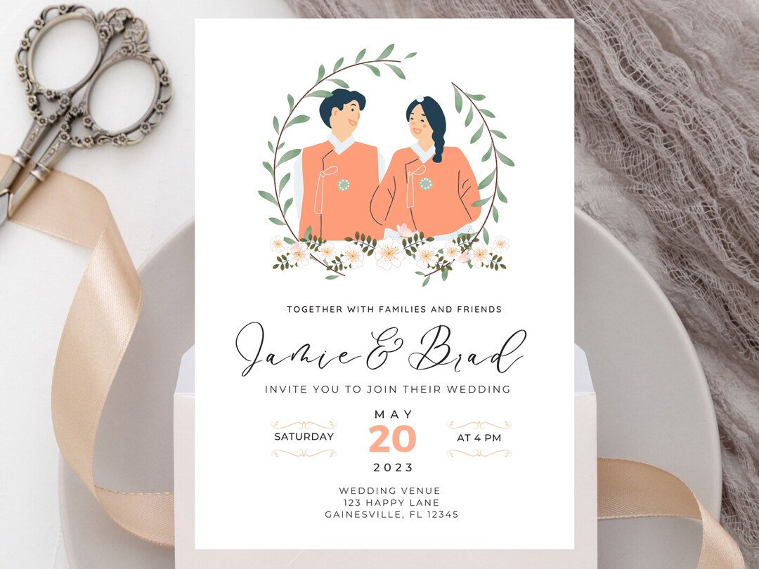 Korean Traditional Costume Wedding Invitation Editable Template| Korean ...