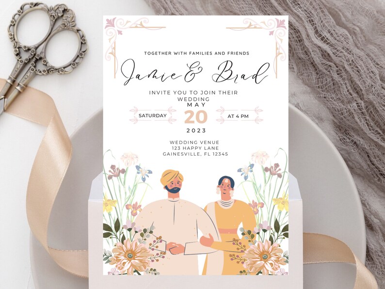 Indian Wedding Invitation Template Editable Minimalist Floral Indian ...
