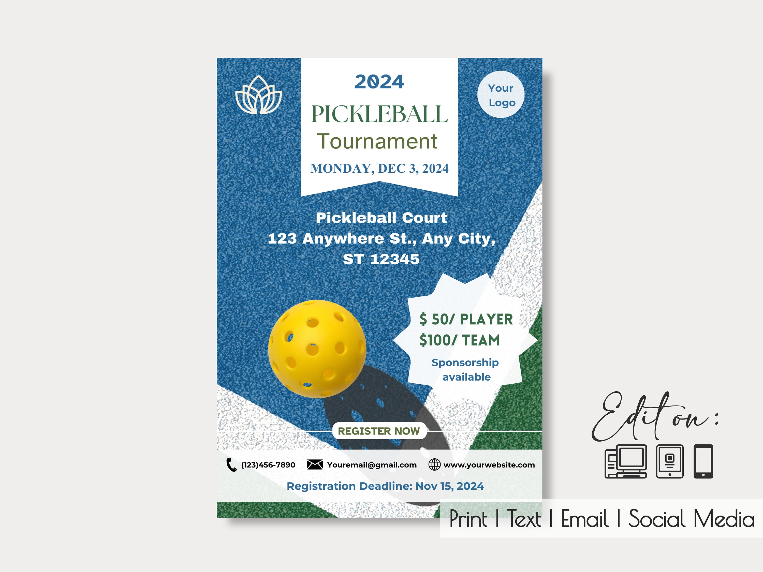 Pickleball Tournament Editable Flyer| A4 8.27 X 11.69" & 8.5x11 ...