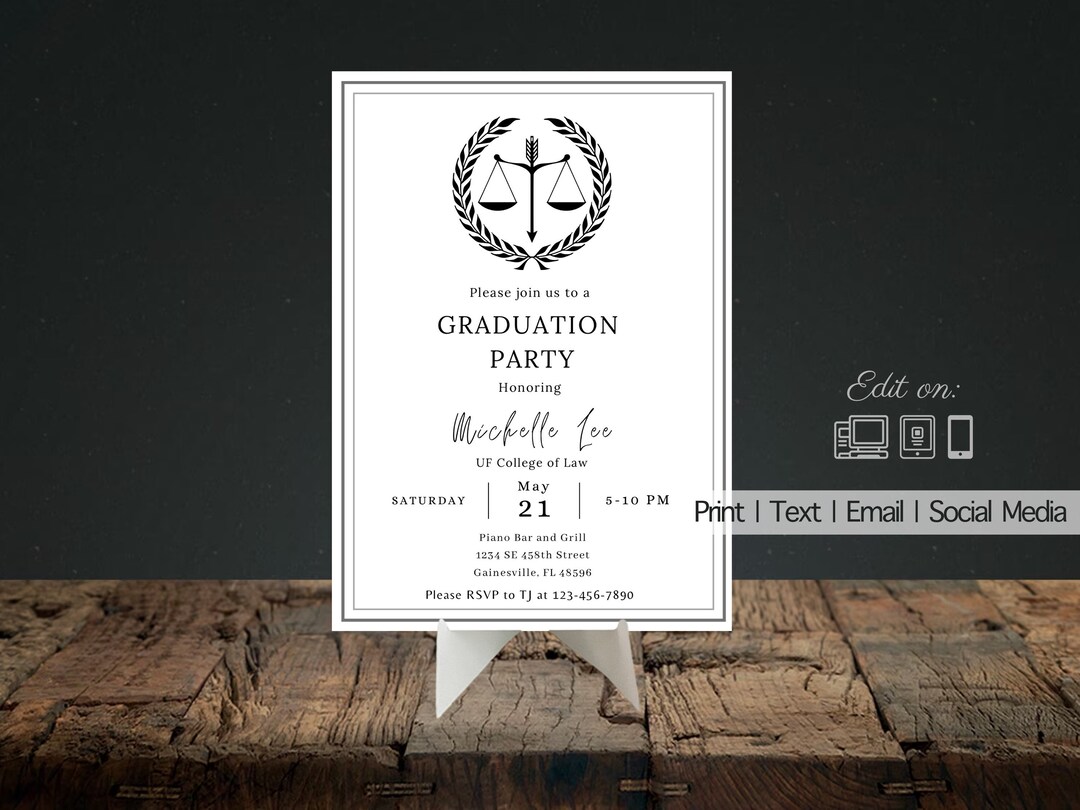 Editable Law School Graduation Invitation Template| Paralegal ...