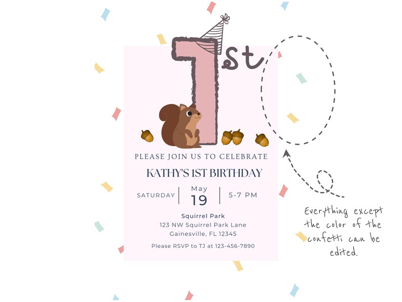 Confetti Squirrel Any Age Birthday Editable Invitation| 5x7| Easy Edit ...