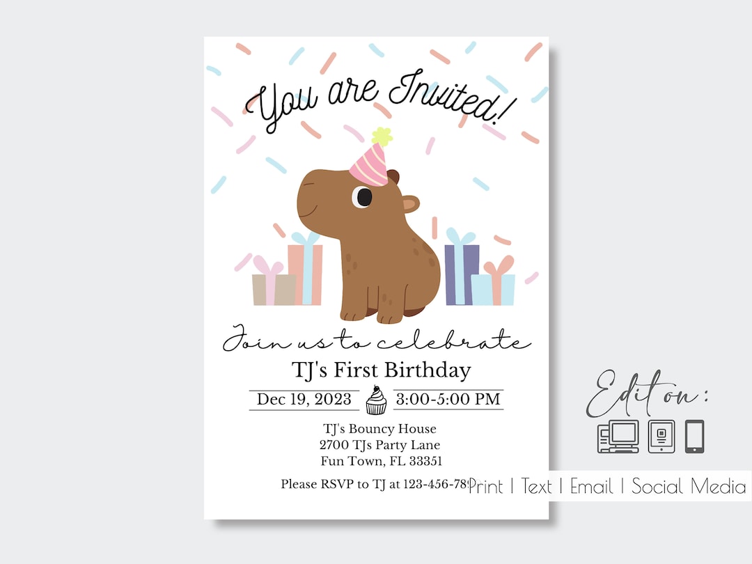 Festive Capybara Editable Invite| Girl| Boy| 1st Birthday Invitation ...