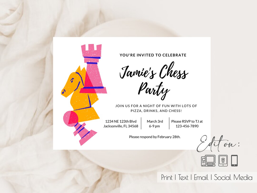 Chess Theme Party Editable Invite| Tournament| Birthday| Anniversary ...
