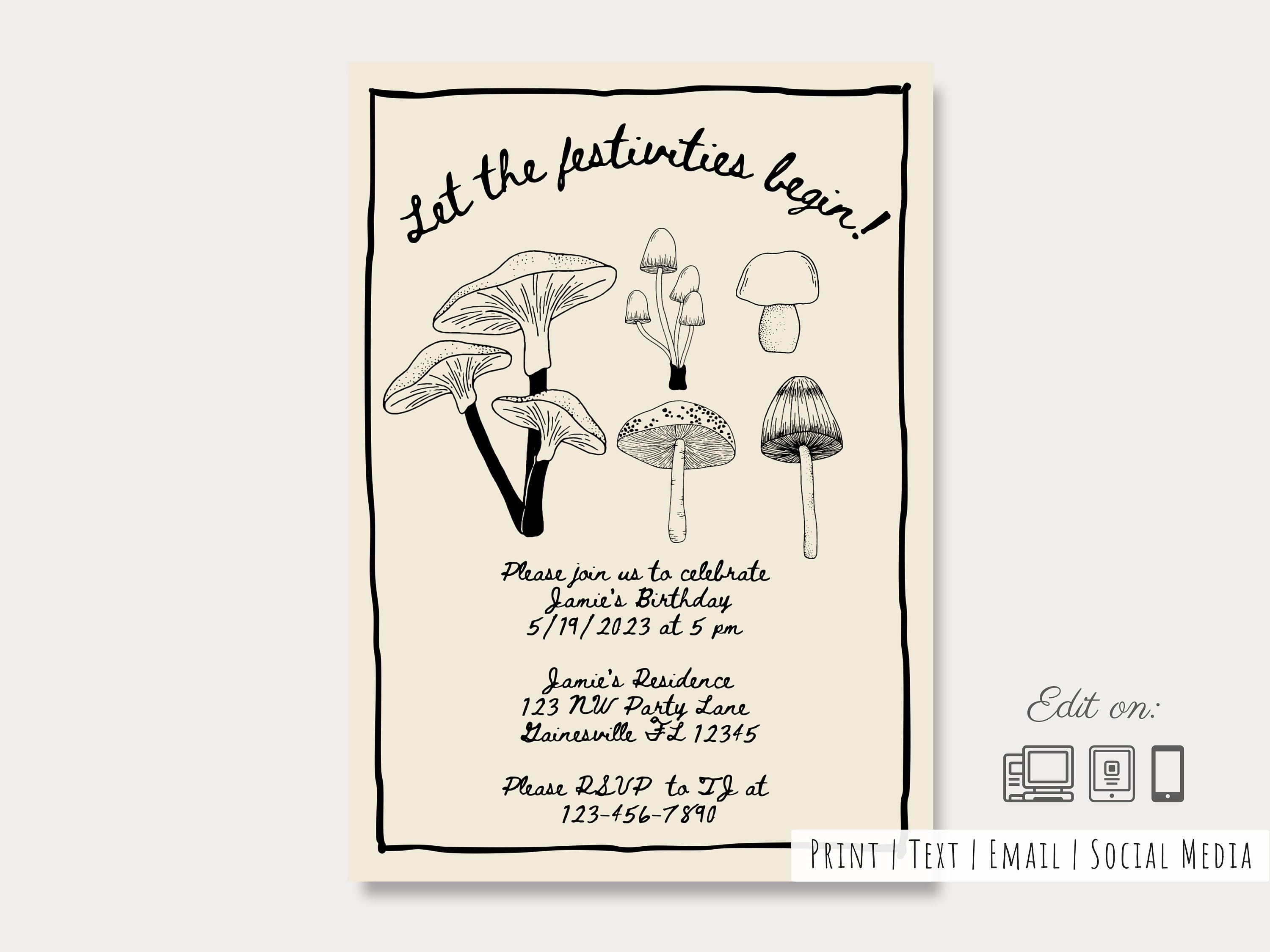 Mushrooms Editable Party Invitation 7x5 Easy Edit Online Birthday ...