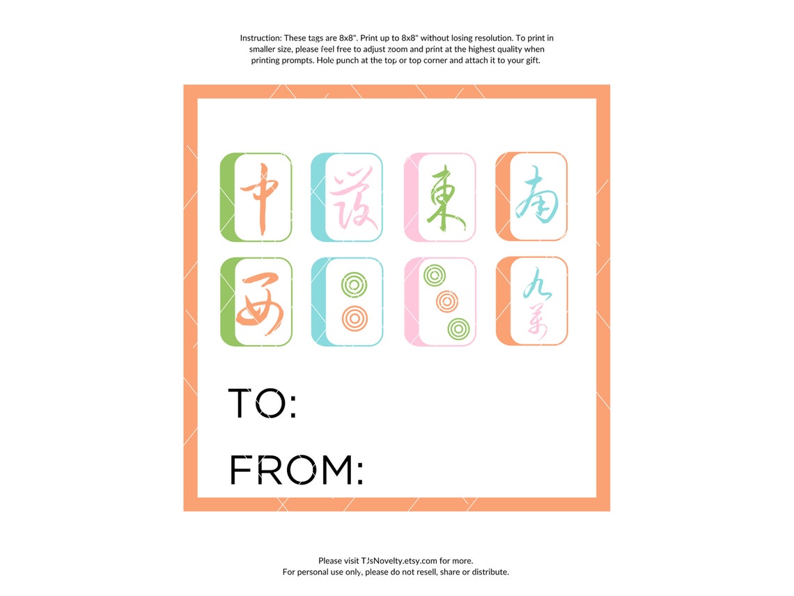 Printable Mahjong Gift Tags| Mahjong Match| Tournament| Birthday| Party ...