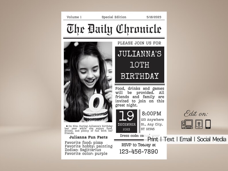 Editable Newspaper Invitation 5x7 Poster Birthday - Etsy