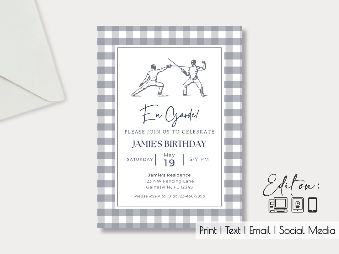 Plaid Fencing Party Editable Invitation| Fencing Party| Tournament ...