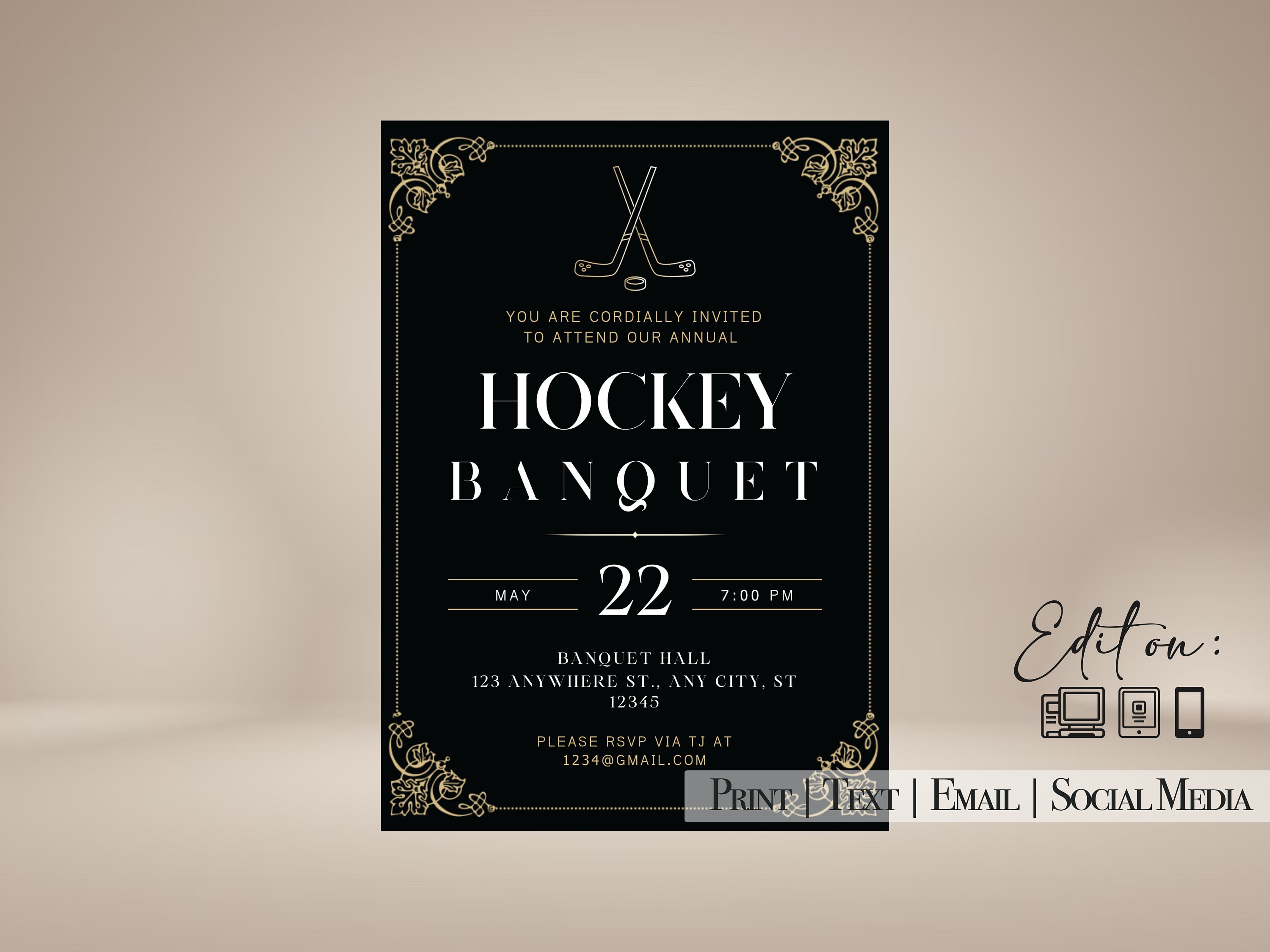 Elegant Event Editable Invitation 5x7| Hockey Banquet| Formal Sport ...