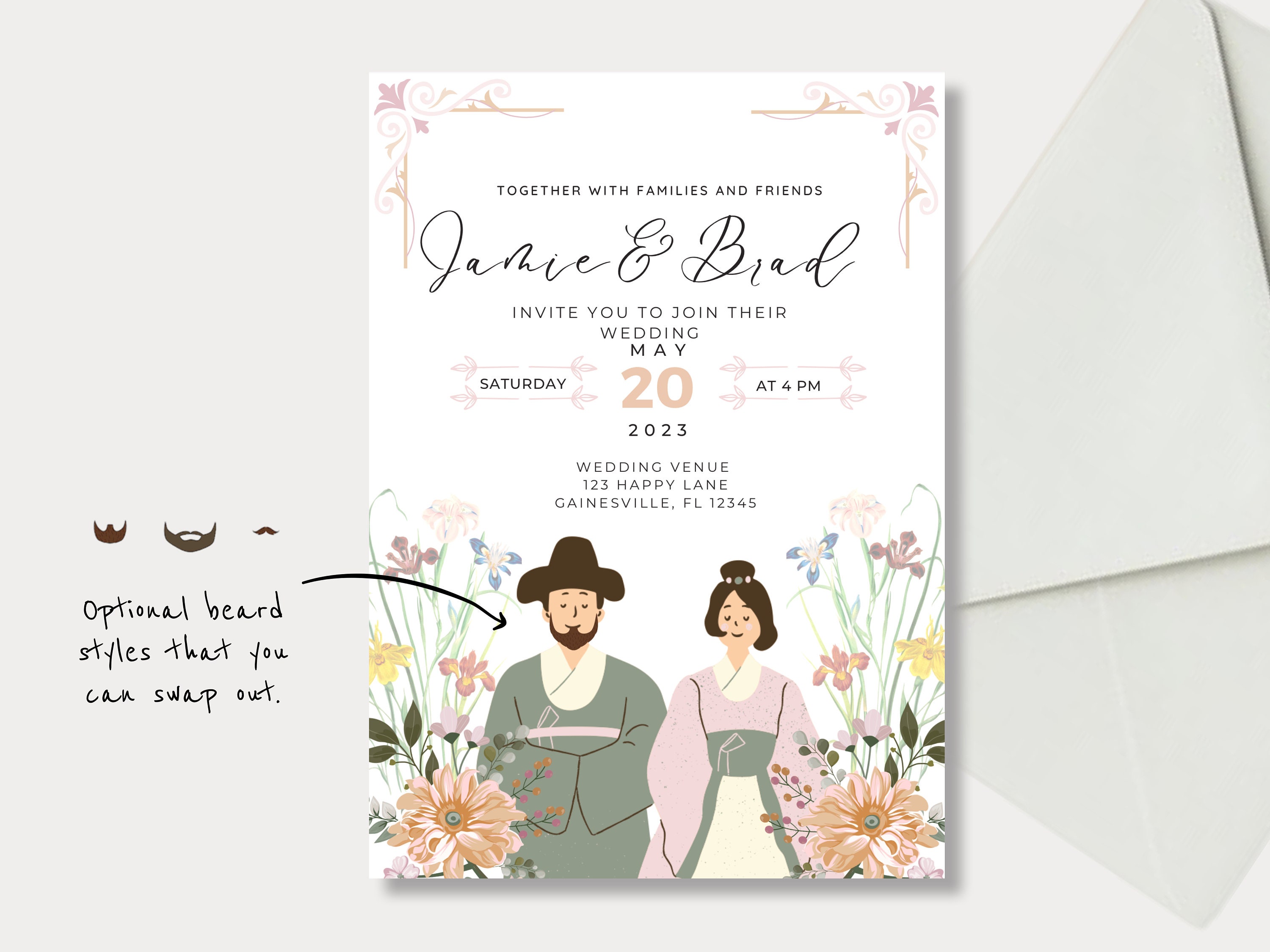 Korean Traditional Costume Wedding Invitation Editable Template Korean ...