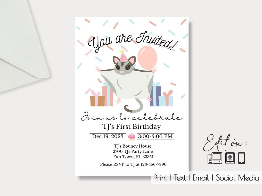 Confetti Flying Squirrel Editable Invite| First Birthday| Birthday ...