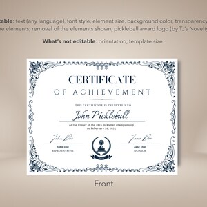 Pickleball Printable Award Certification Editable Template| Letter-size ...