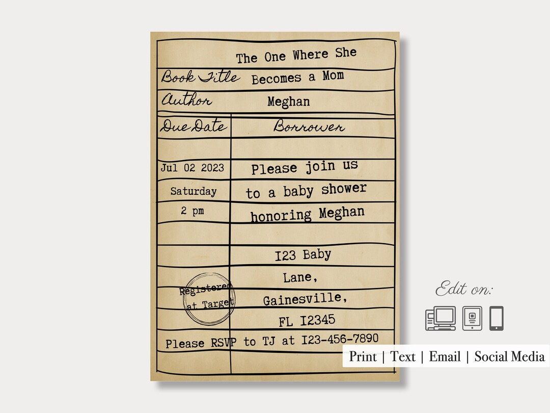 Book Theme Baby Shower Editable Invite Template Library Due Date Card ...