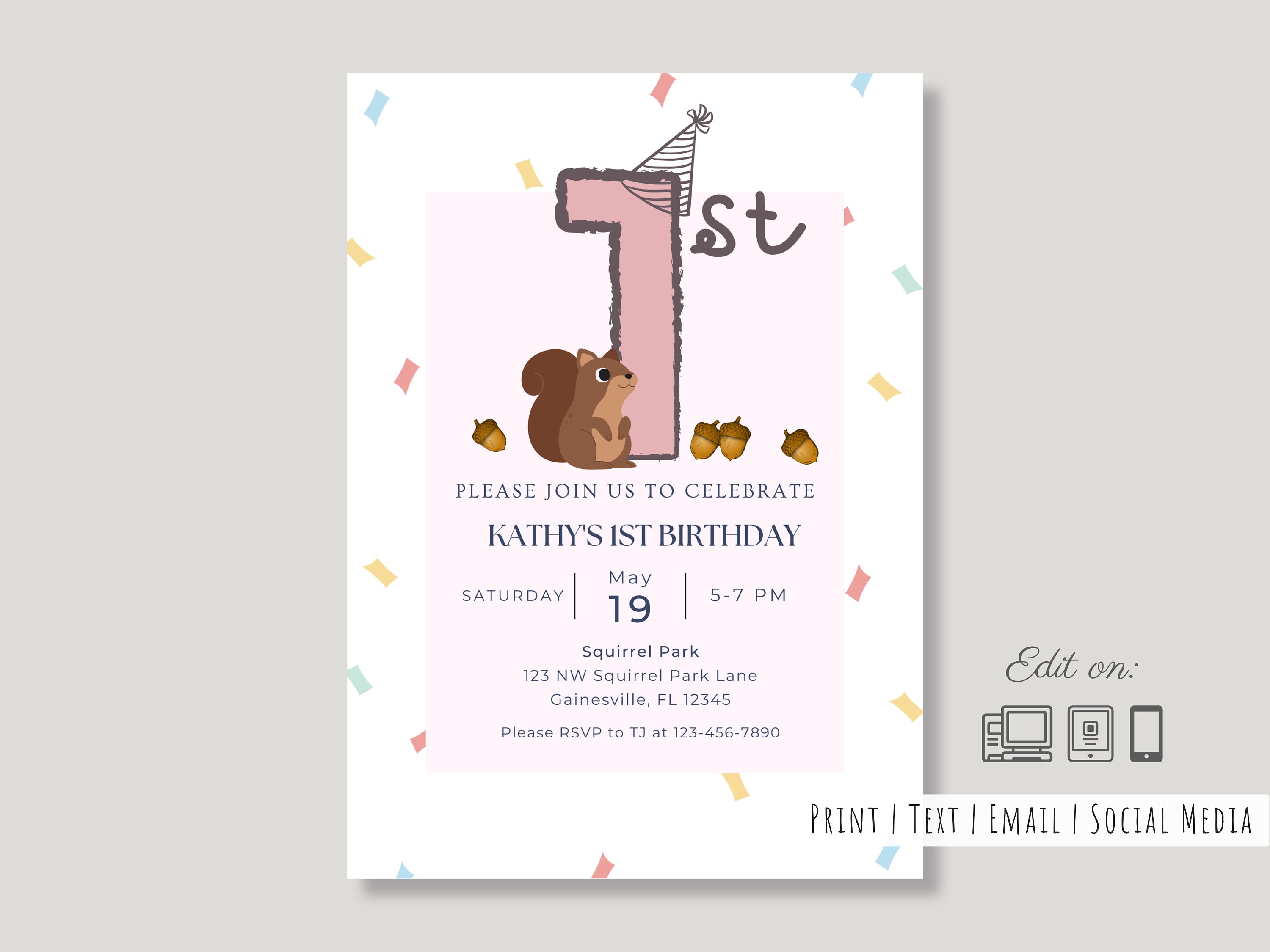 Confetti Squirrel Any Age Birthday Editable Invitation| 5x7| Easy Edit ...