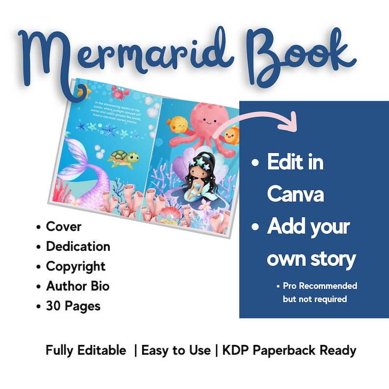 Editable Kids Mermaid Book Canva Template | DIY Children's Storybook ...