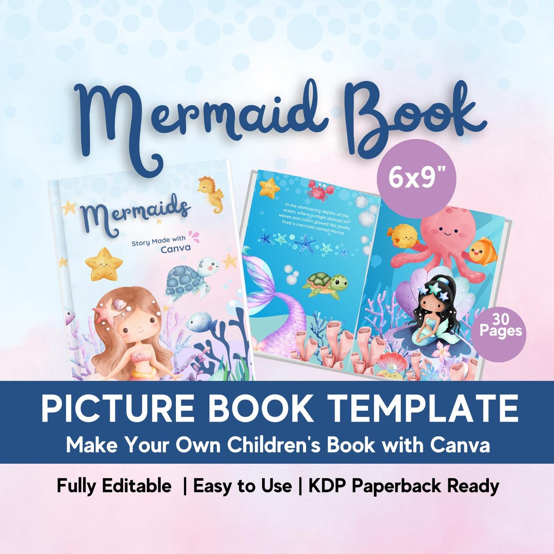 Editable Kids Mermaid Book Canva Template | DIY Children's Storybook ...