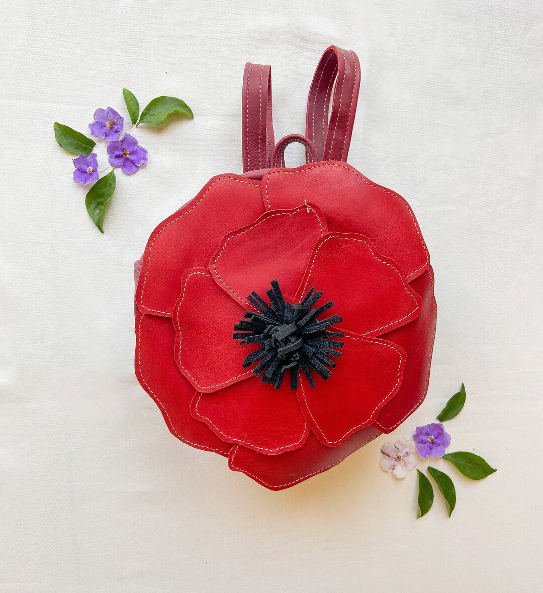 Red Toddler Backpack With Poppy Shaped, Children Leather Backpack for ...