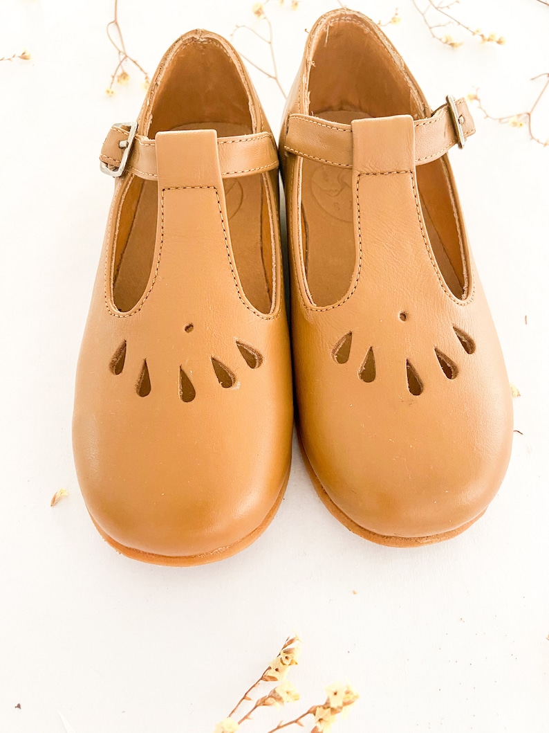 Tan Leather Mary Jane T-bar Shoes for Little Girls, Moccasin Shoes T- Strap for Toddler, Hard ...