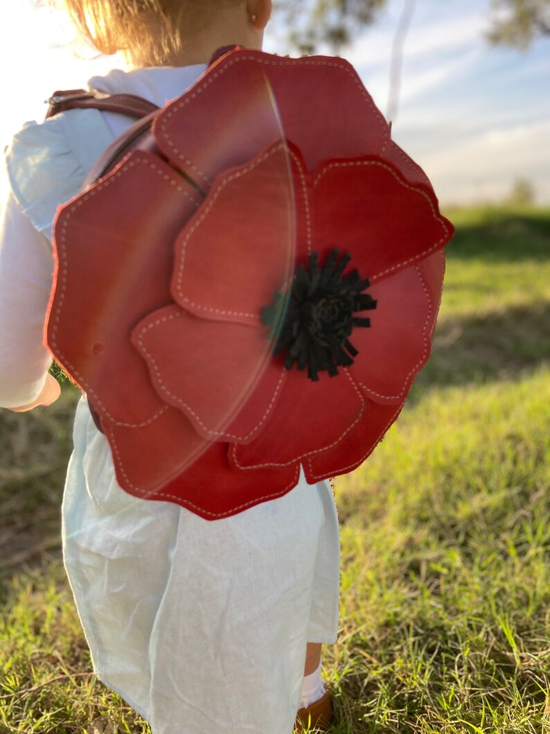 Red Toddler Backpack With Poppy Shaped, Children Leather Backpack for ...